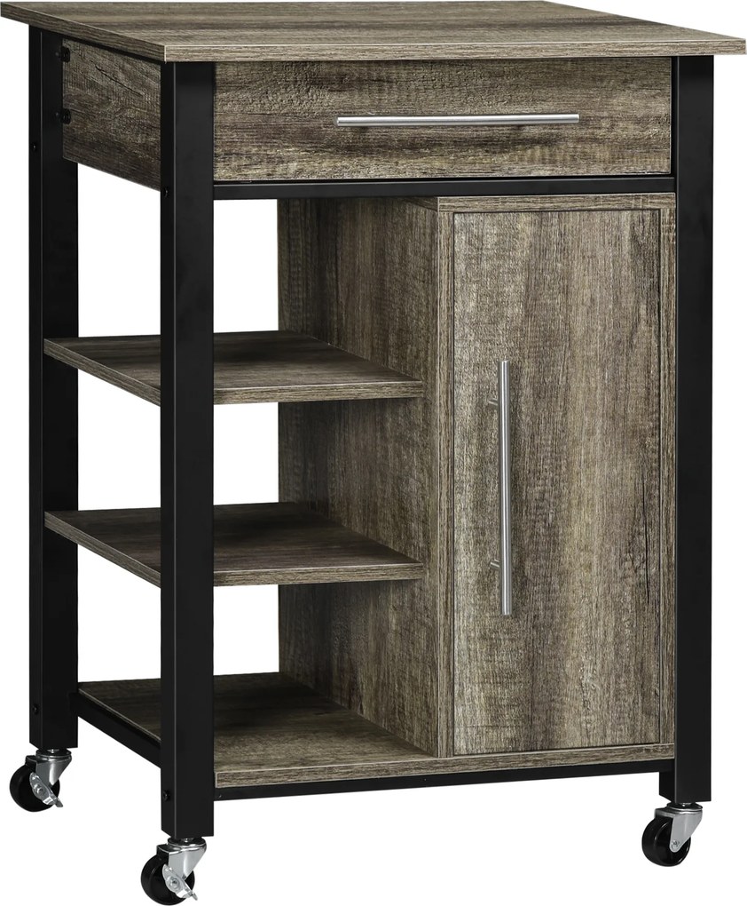 HOMCOM Kuchyňský vozík s šuplíkem a kolečky - 60 x 50 x 84,5 cm - Černý s dubovým efektem