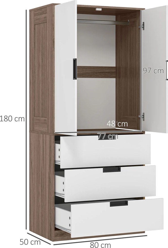 HOMCOM Moderní Šatní Skříň pro Dospělé s 3 Zásuvkami a Zavěsným Tyčí, Rozměry 80Š x 50H x 180V cm, Hnědá