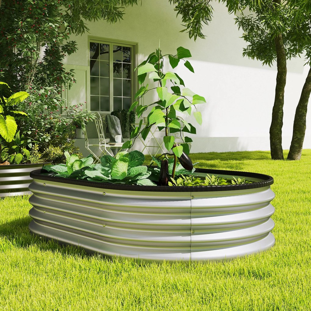 Outsunny sada 2 pozinkovaných vyvýšených záhonů, 135 × 90 × 30 cm — oválné květináče s otevřeným dnem, gumový ochranný okraj, rukavice v balení, modu…