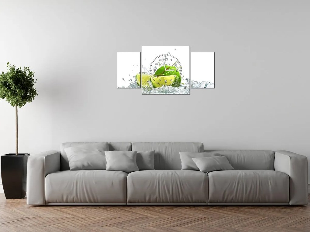 Gario Obraz s hodinami Zelená limetka - 3 dílný Rozměry: 90 x 70 cm