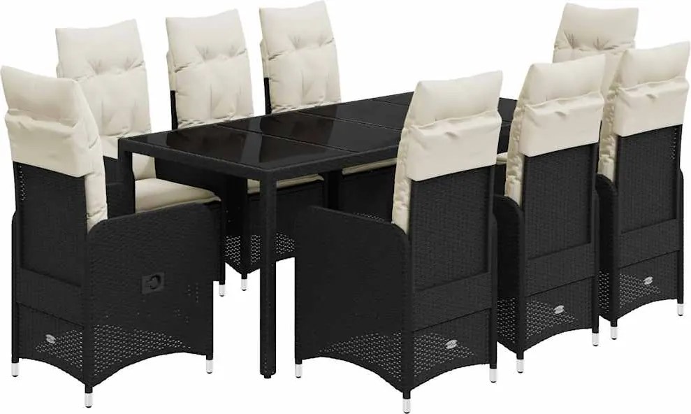 9dílný zahradní bistro set s poduškami černý polyratan 3276994