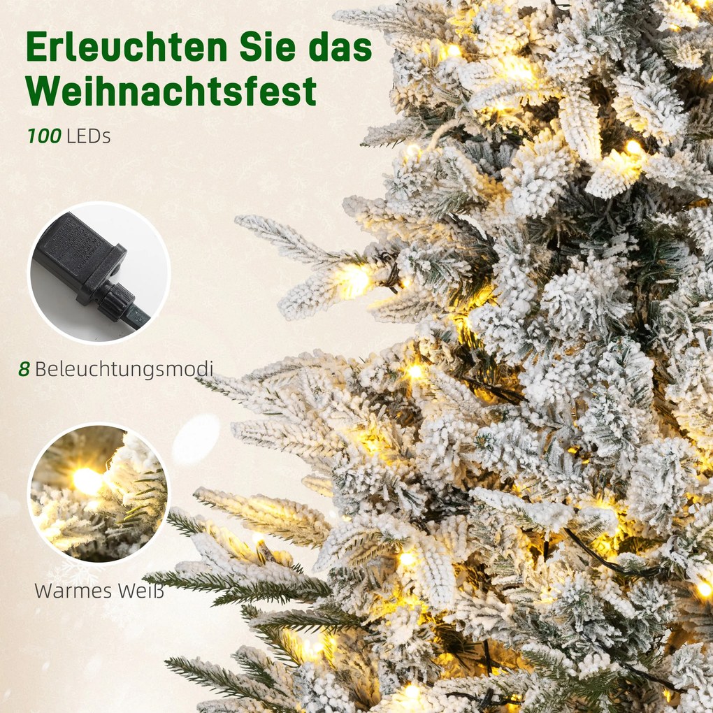 HOMCOM Umělý vánoční stromek, vzhled pokrytý sněhem, 100 LED, 8 režimů, plast