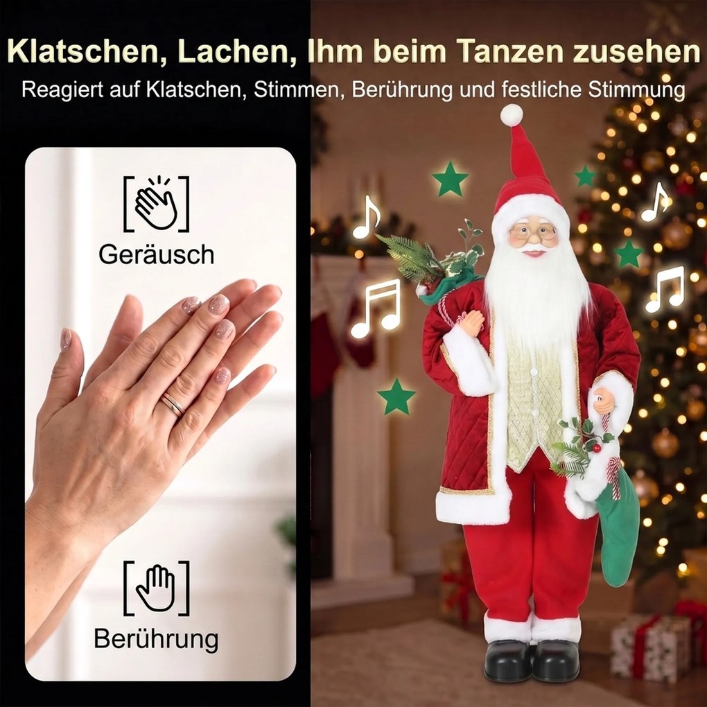 HOMCOM 120 cm zpívající a tancující Santa Claus, stojící animovaná vánoční postava s punčochou, pytlem, aktivovaná zvukem / dotykem