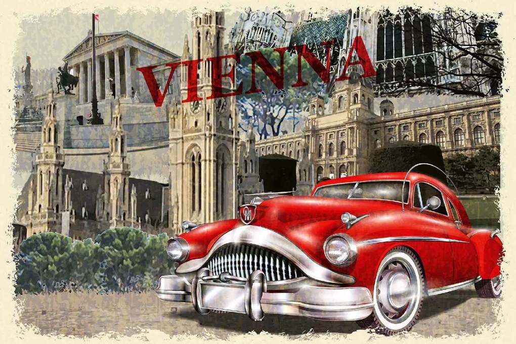 DIMEX | Samolepicí vliesová fototapeta na zeď Vintage vídeňský plakát MA-5-2223 | 375 x 250 cm | červená, bílá, béžová, hnědá