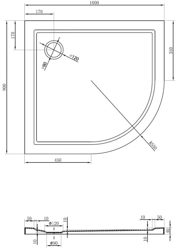 Mexen Flow, asymetrická čtvrtkruhová sprchová vanička slim, levá 100 x 90 cm, černá matná, 46Q709010L