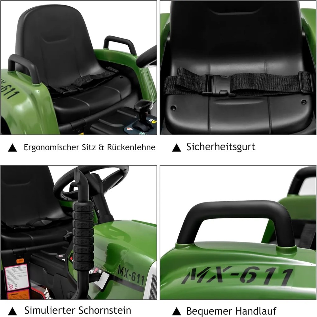 Costway 12 V dětský traktor s odnímatelným přívěsem a dálkovým – tmavě zelená