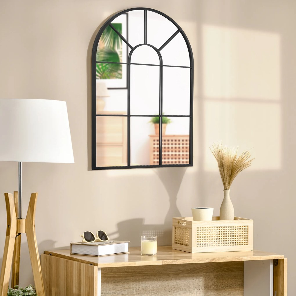 HOMCOM Obloukové okenní nástěnné zrcadlo 91x60cm s kovovým rámem ze skla do obývacího pokoje ložnice jídelny předsíně v černé barvě | Aosom.de