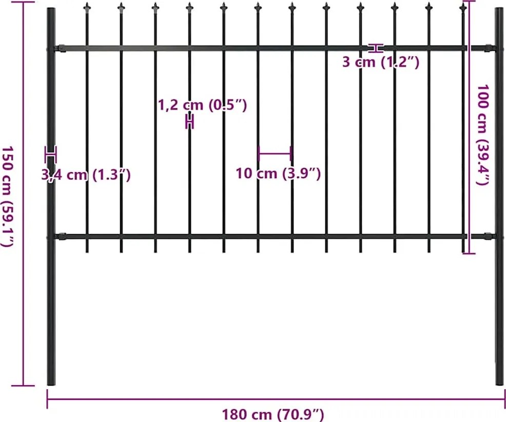 vidaXL Zahradní plot s kopím nahoře ocelový 181 x 100 cm [144925] Barva: Černá