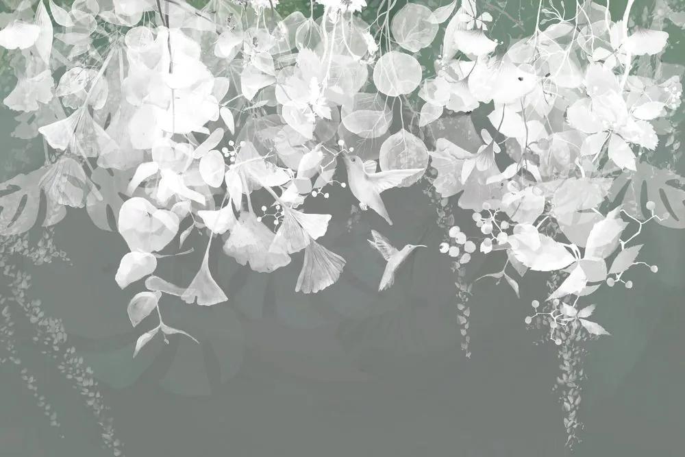 Samolepící tapeta šedo-zelené listy s kolibříky