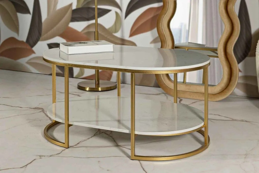 Designový konferenční stolek Bannister 90 cm bílý / zlatý