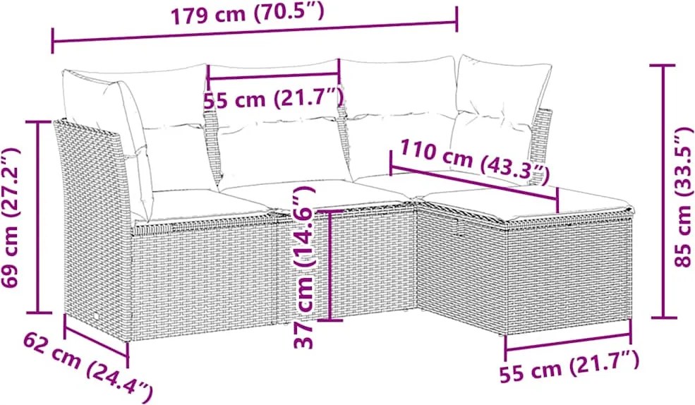 4dílná zahradní sedací souprava a podušky světle šedá polyratan 3263118