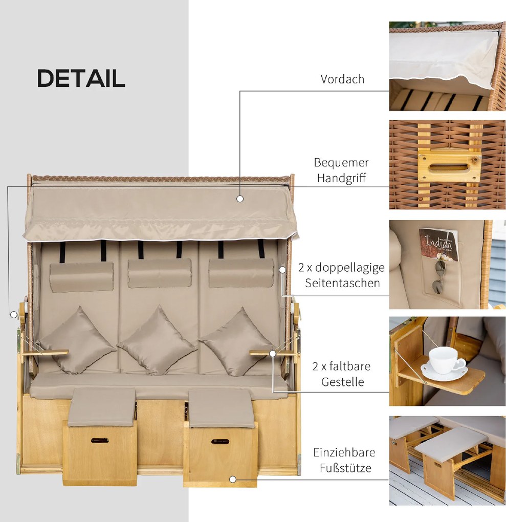Plážové lehátko 3místné lehátko se stříškou 2 skládací stolky podnožka chaise longue 5stupňové opěradlo XXL polyratan přírodní 150 x 79 x 160 cm