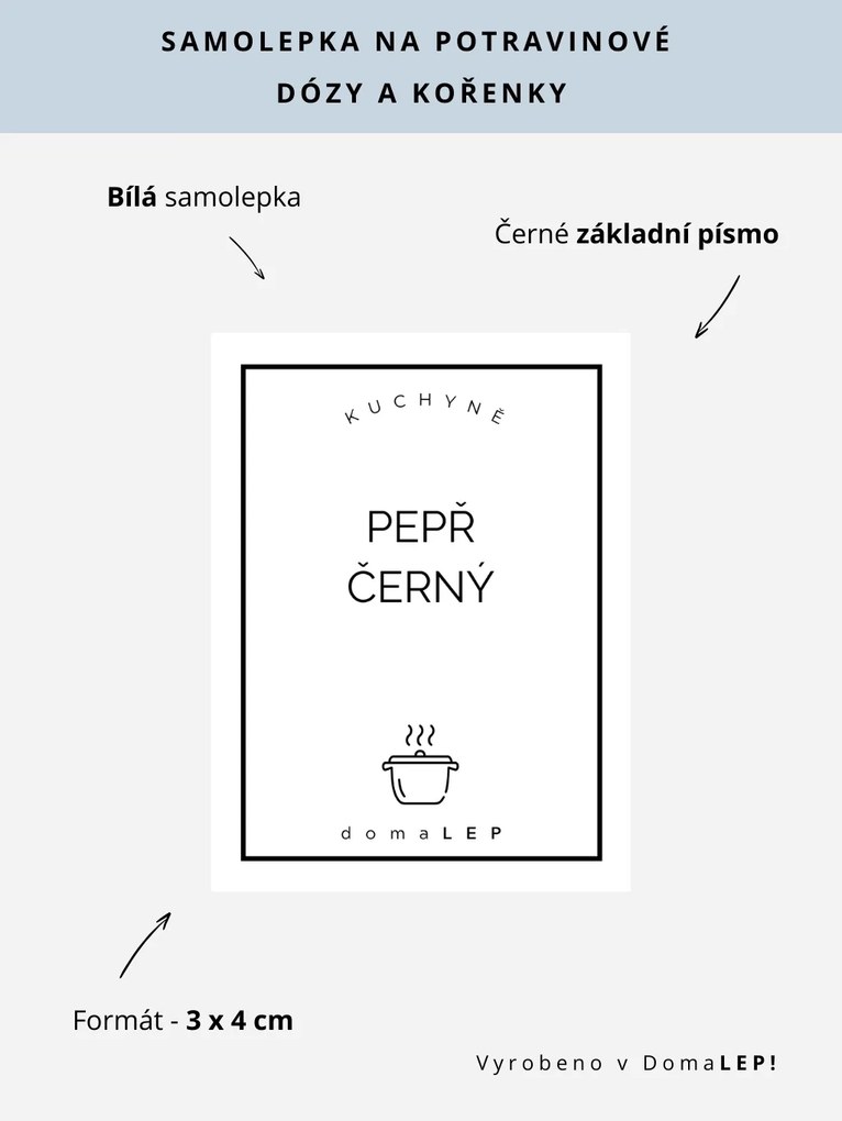Samolepka na kořenky PEPŘ ČERNÝ bílá 3 × 4 cm základní písmo