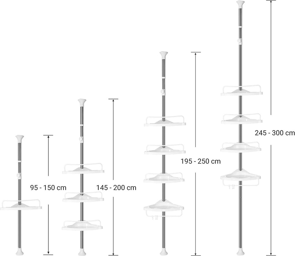 Nastavitelný koupelnový rohový regál, teleskopický sprchový regál, 95-300 cm
