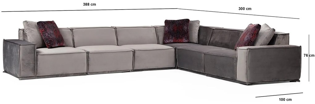 Designová rohová sedačka Valtina 388 cm šedá - pravá