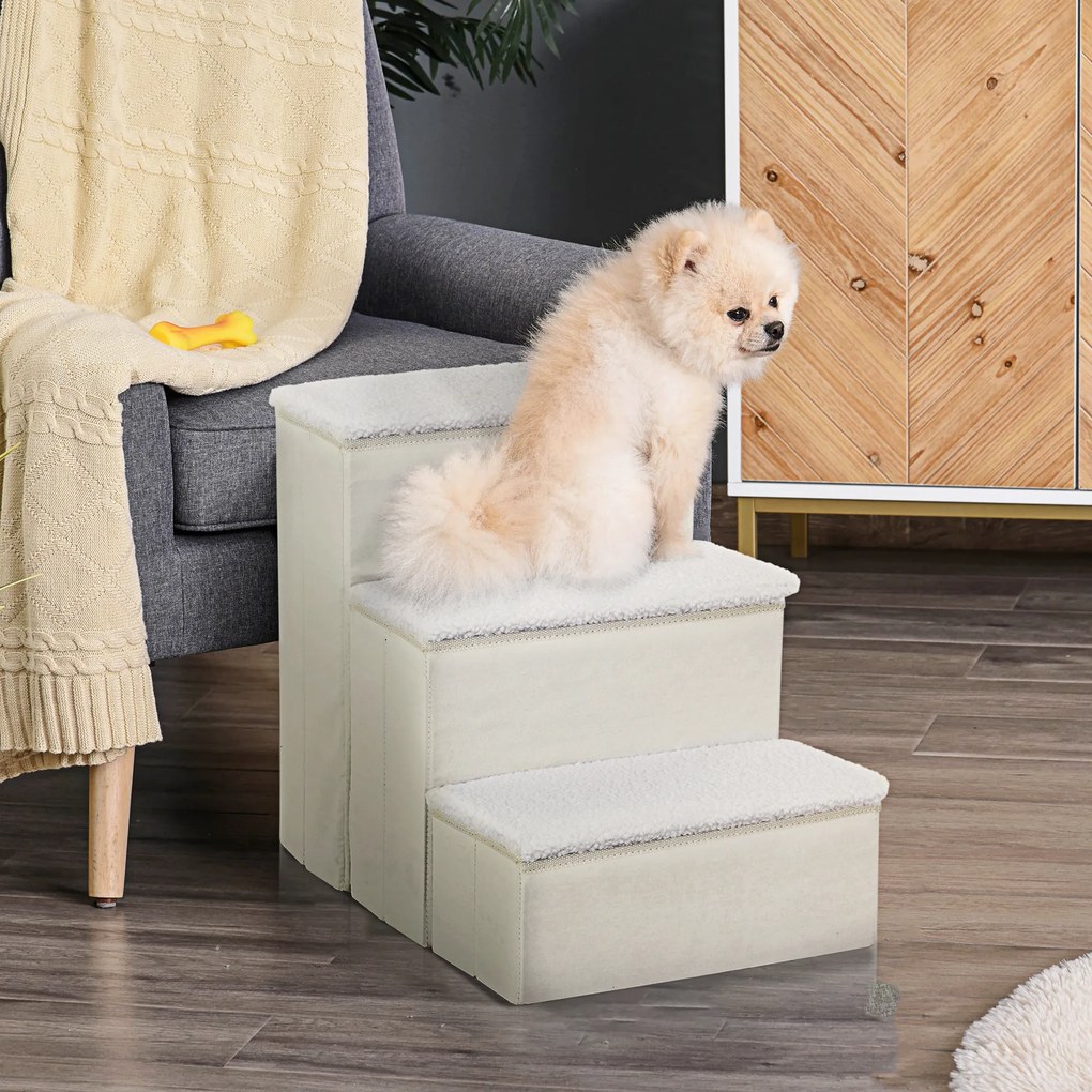 PawHut schody pro domácí mazlíčky skládací schody pro kočky schody pro psy 3 stupně s úložným prostorem pro kočky a psy MDF Bílá 40x54x48cm