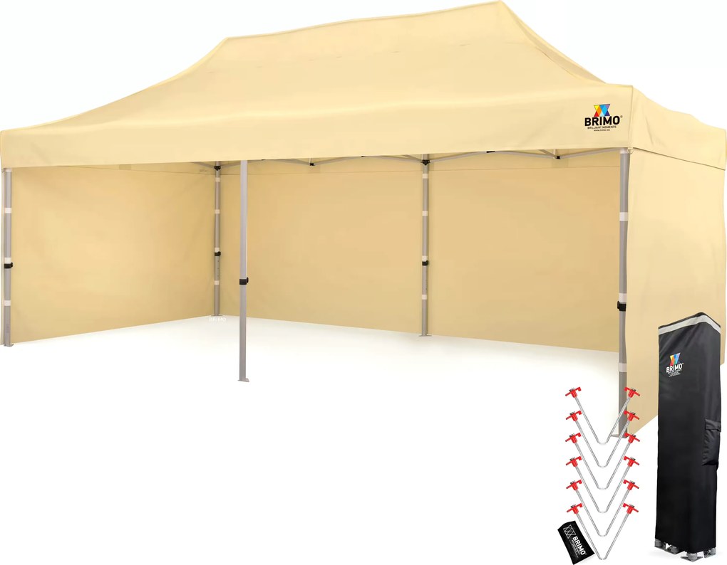 BRIMO Nůžkový párty stan 3x6 m hliníkový – Elegantní a rychle rozložitelný - s 3 stěnami - Béžová P. Alu