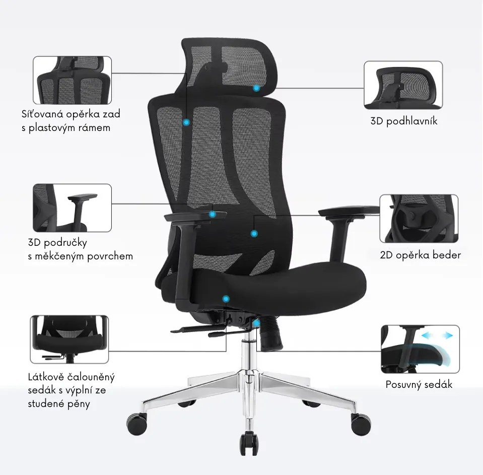 Kancelářská ergonomická židle Neoseat DIBERTI — síť / látka, černá, nosnost 150 kg