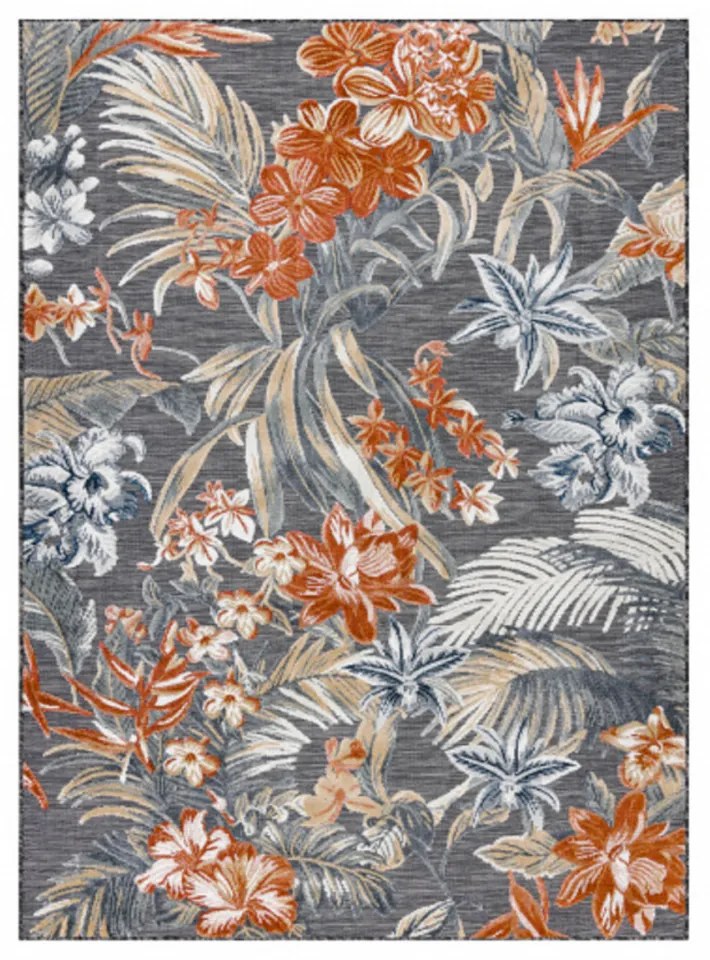 Venkovní kusový koberec Květy černý 157x220cm