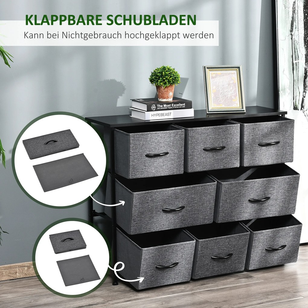 HOMCOM Komoda s 8 textilními zásuvkami, úložná skříň s úchyty, kovový rám, moderní design do ložnice a obývacího pokoje v tmavě šedé barvě