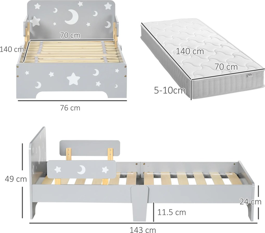 Dětská postel ZONEKIZ, podlahová postel pro děti, 3 až 6 let, 143 x 76 cm, design s hvězdami a měsícem, včetně laťového roštu, do dětského pokoje, še…