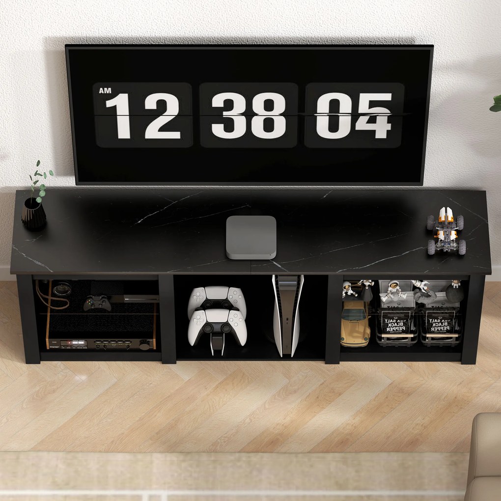 HOMCOM TV nábytek s LED osvětlením pro televizory až do 65 palců, 160 cm s nastavitelnými skleněnými poličkami, černé