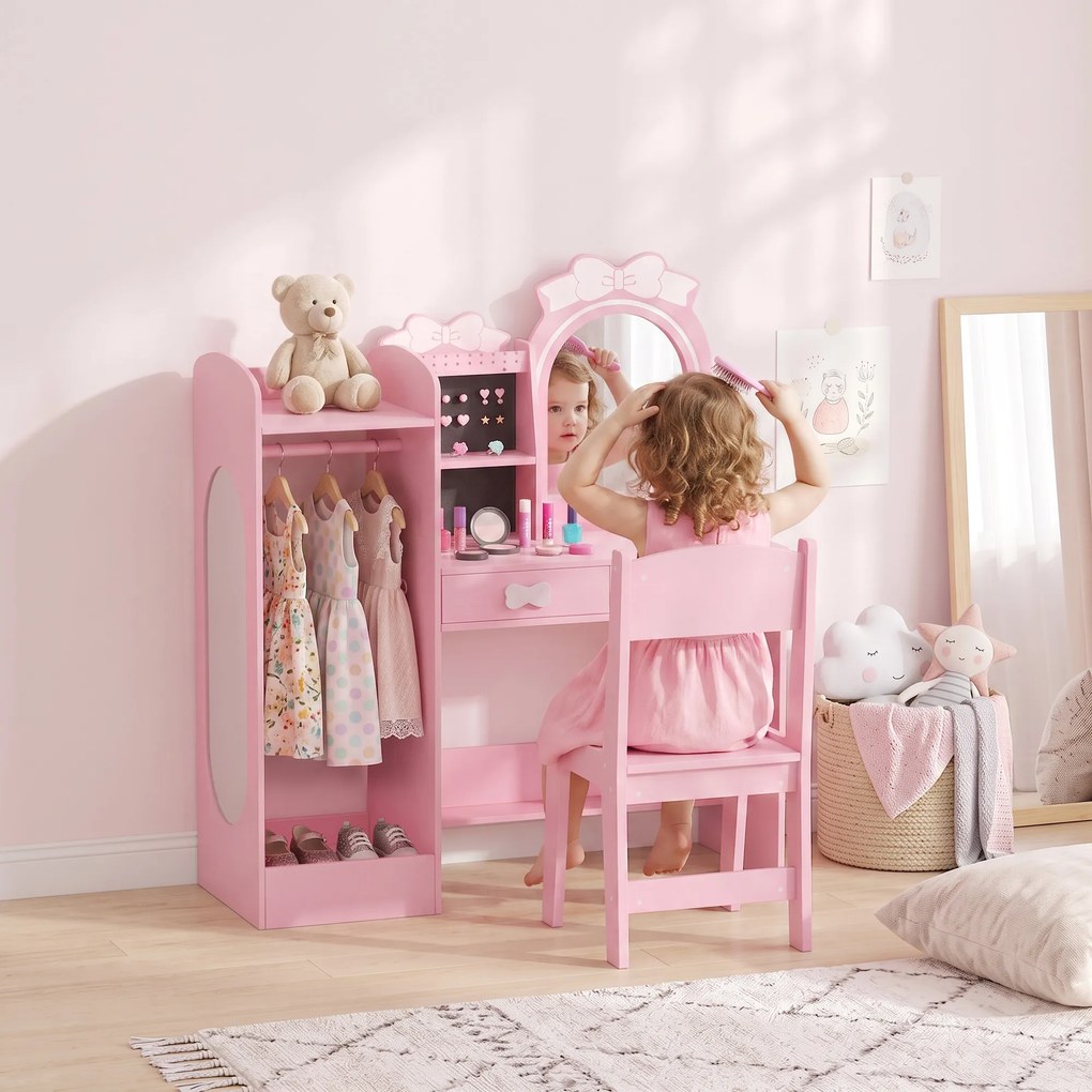 AIYAPLAY dětský toaletní stolek s taburetem a dvoubarevným LED zrcadlem z akrylu, toaletní stolek pro dívky 3-8 let, Růžová