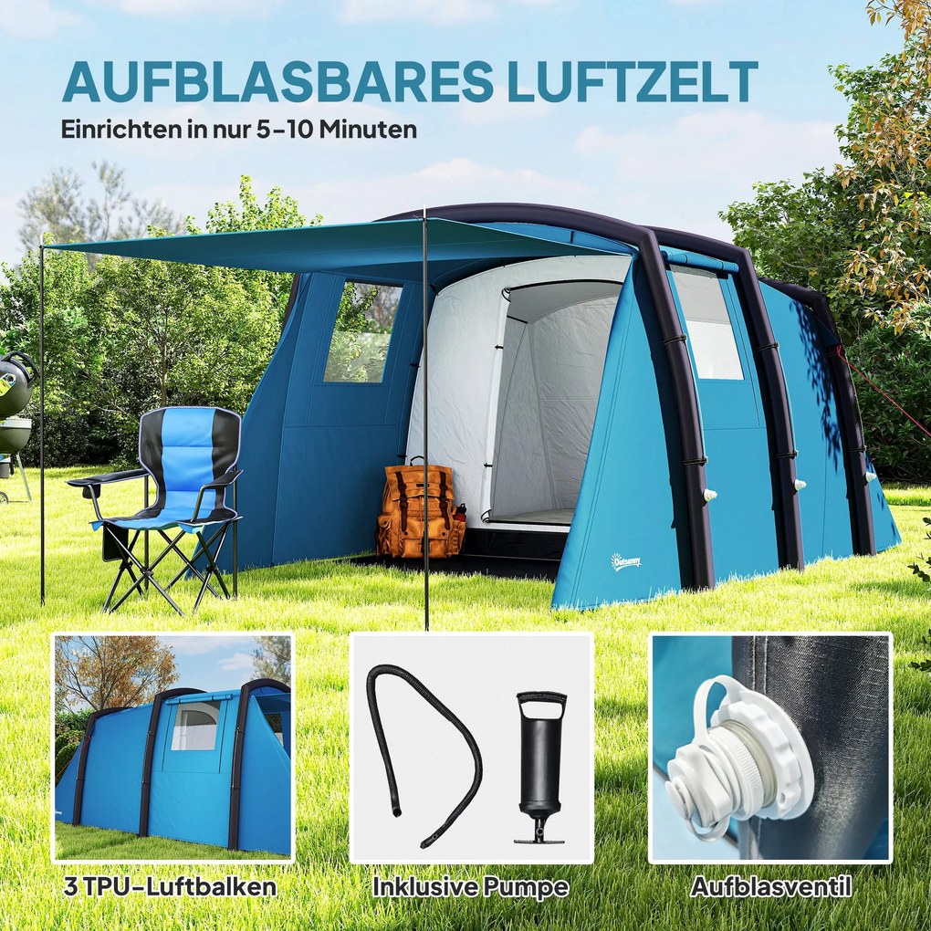 Inflatabilní stan Outsunny pro 3-6 osob s pumpou - stan na kempování UV50+ pro rodiny, větruodolný a rychlo-setup stan na 3 sezóny