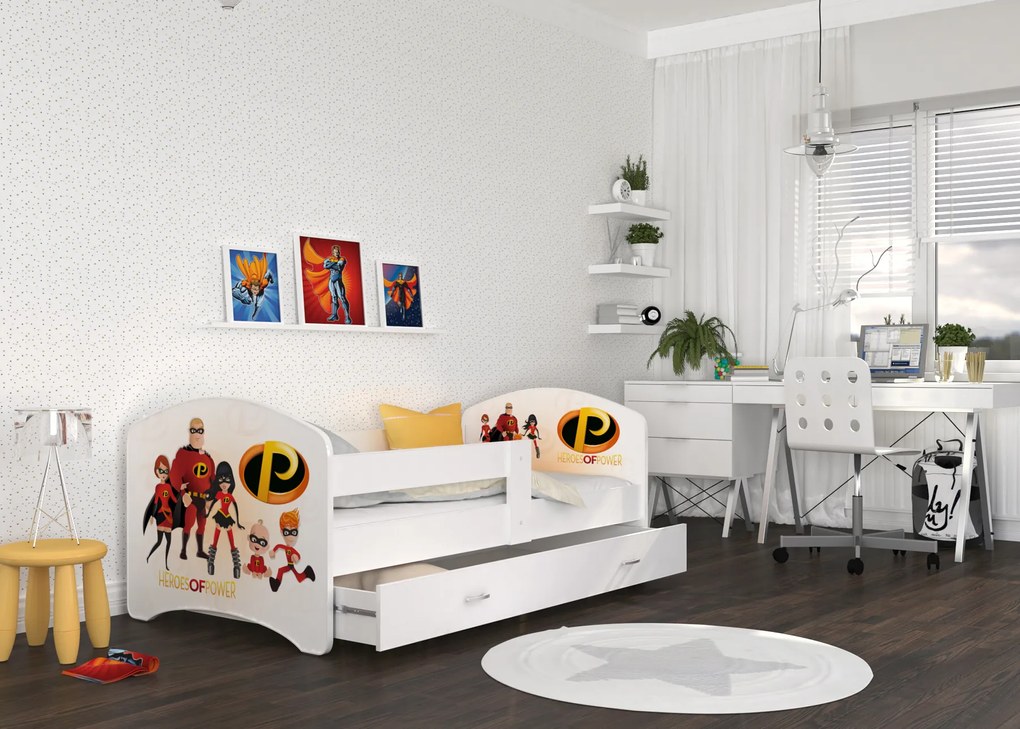 Svět pokojů Postel Nico s obrázkem - ÚŽASŇÁKOVI Barva: Bílá, Rozměr: 140 x 80 cm, Matrace: Ano