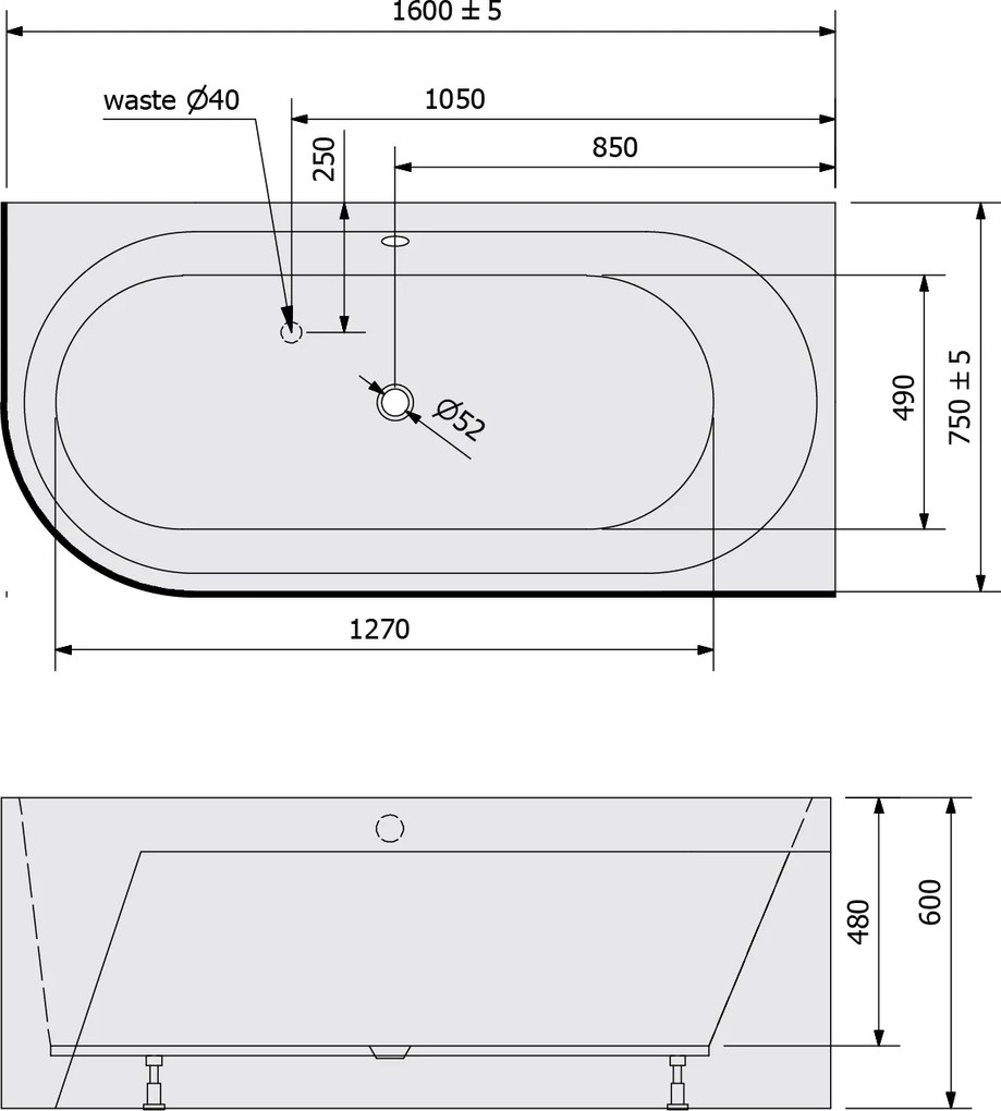 Polysan MONOLITH ASTRA R asymetrická vana 160 x 75 x 60 cm bílá/černá pravá  34611MB