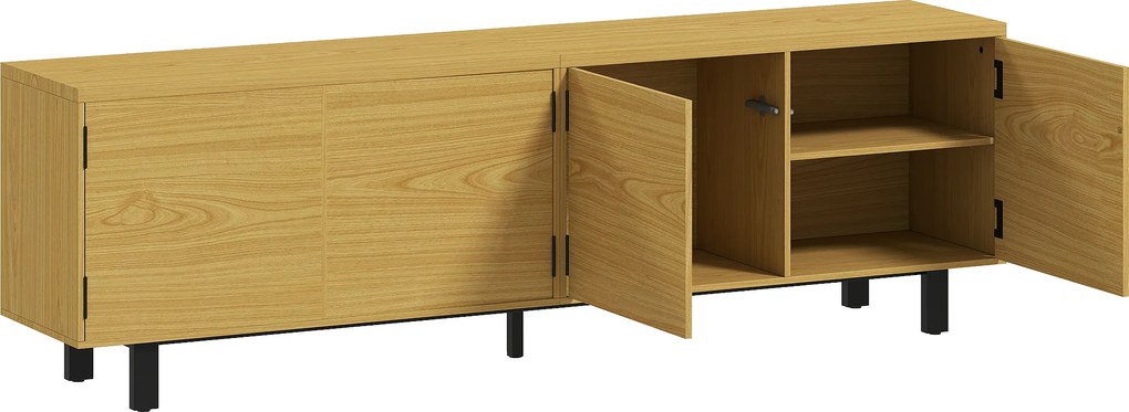 HOMCOM TV stolek 180 cm — dekor přírodního dřeva, pro TV až 208 cm, 4 dvířka s otevíráním na stisk