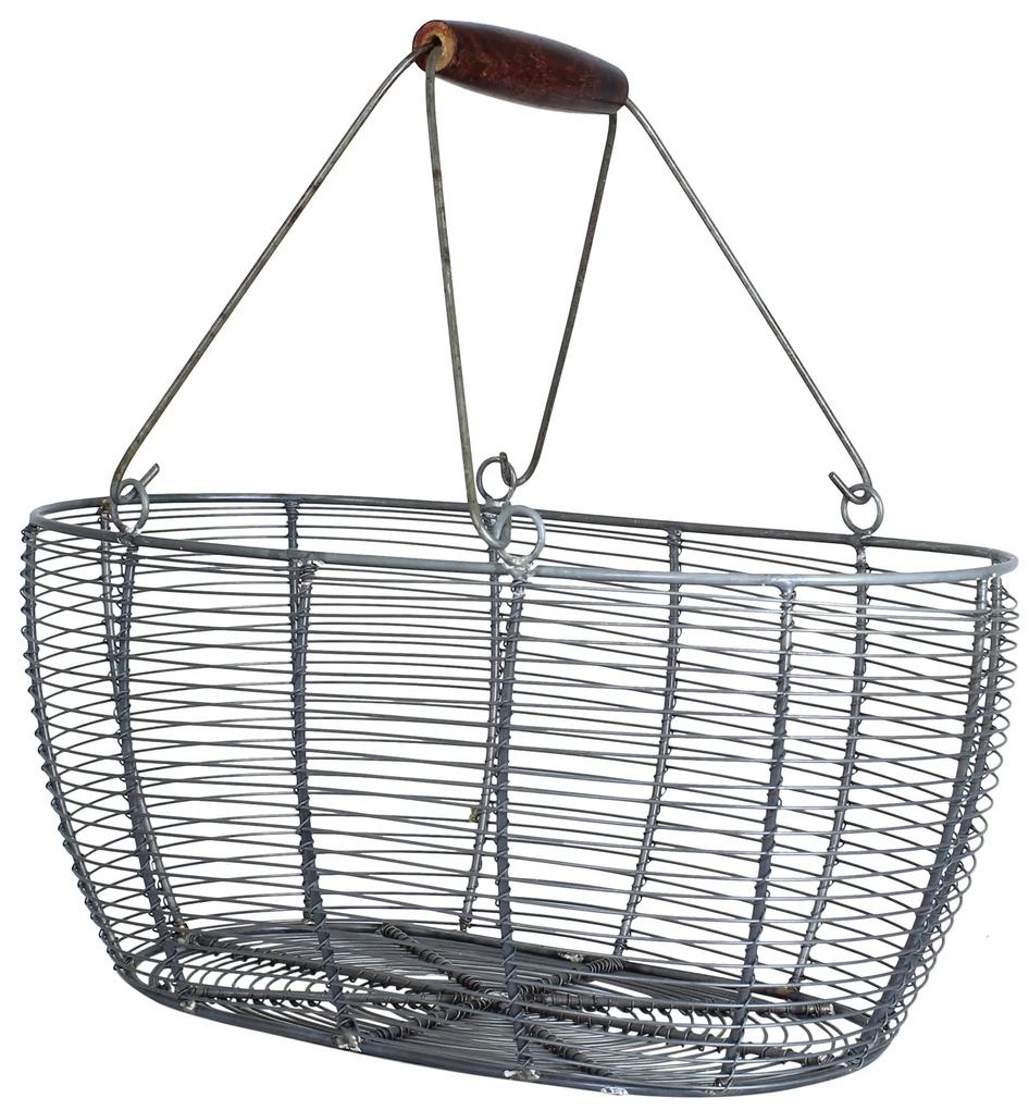 Strömshaga Drátěný košík Oval Zinc Medium, šedá barva, přírodní barva, dřevo, kov