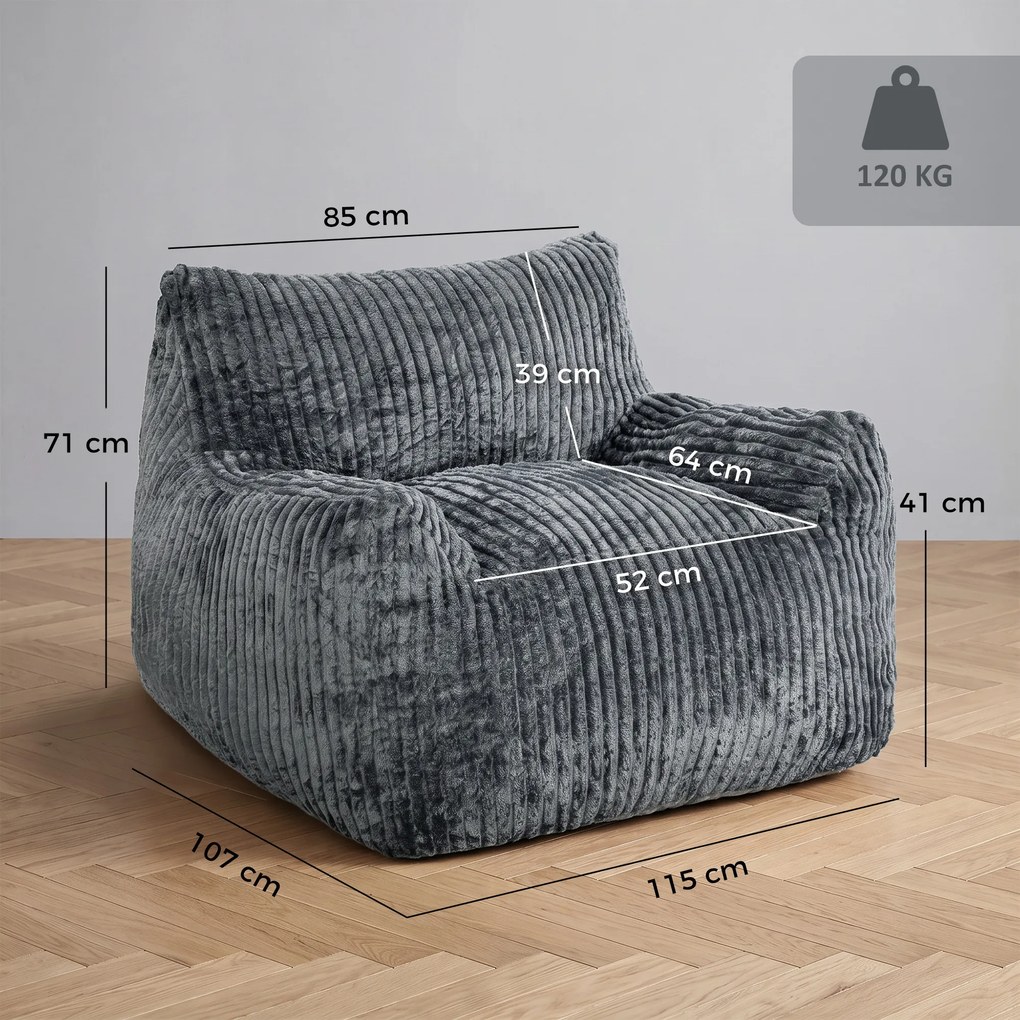 HOMCOM Podlahové křeslo pro dospělé, velká Cloud podlahová lounge bez rámu, s opěrkou zad a područkami, bez montáže, šedá