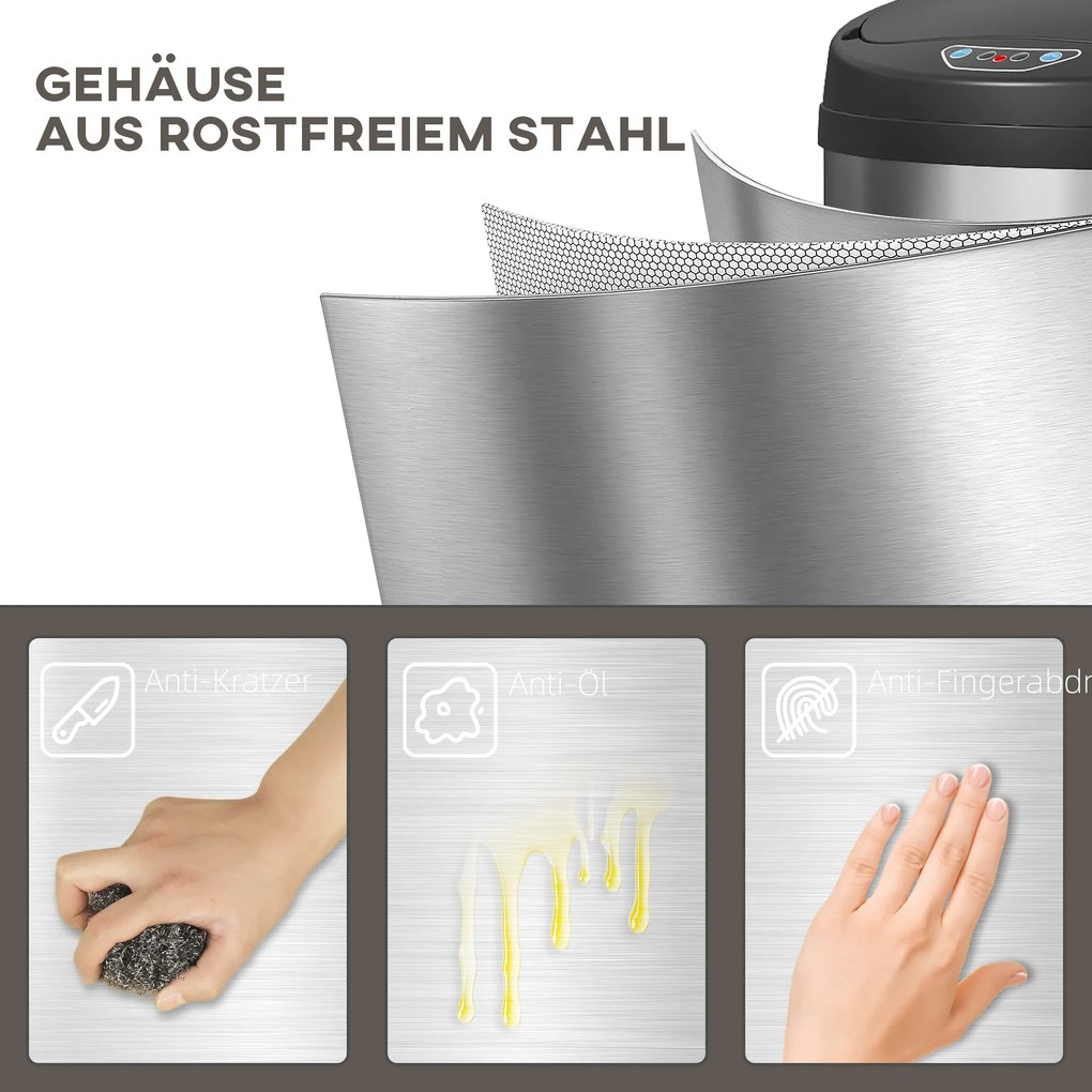 HOMCOM 42l senzorem řízený odpadkový koš s funkcí Soft-Close, bezdotykový odpadkový koš z nerezové oceli pro hygienické kuchyně 851-048V00SR