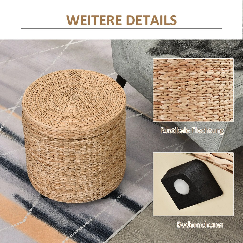 HOMCOM Taburet s úložným prostorem Taburet na nohy s úložným boxem, odnímatelné víko, slaměný ratan, khaki, Ø43x43cm| Aosom