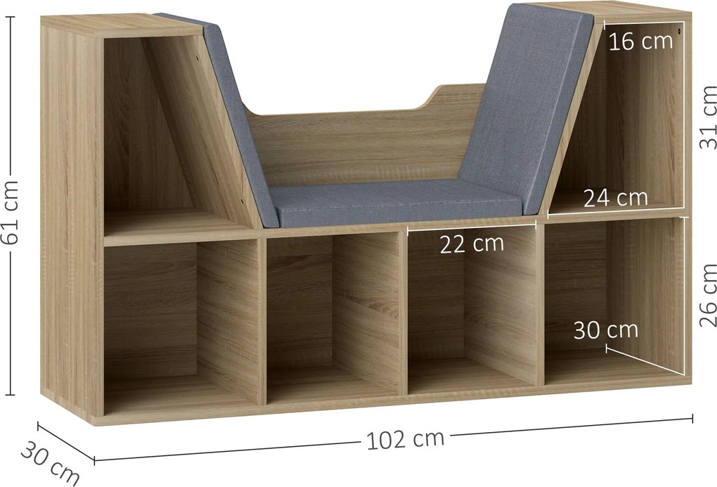 HOMCOM Moderní design 2-v-1 Knihovna s lavičkou s 6 přihrádkami a 3 polštáři Dub šedý 102D x 30Š x 61V cm