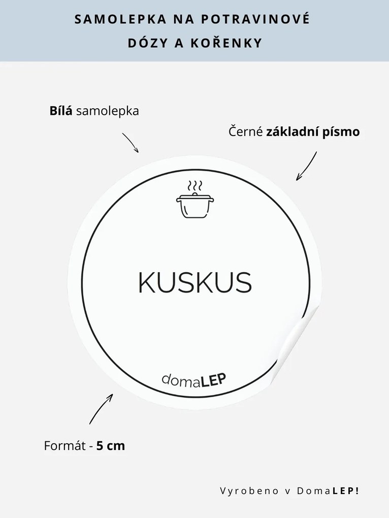KUSKUS – bílá samolepka na dózu, základní písmo, 5 cm | DomaLEP