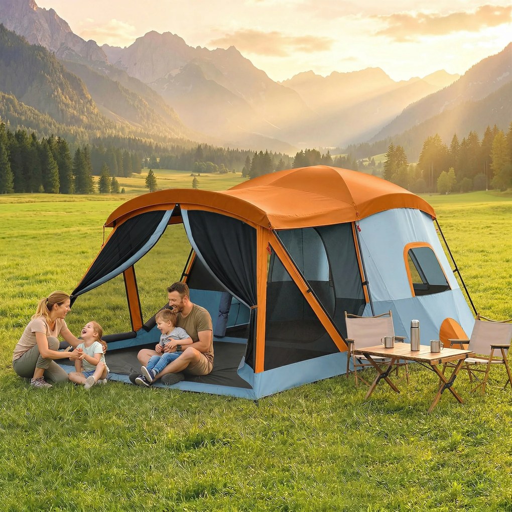 Outsunny tunelový rodinný stan pro 4 osoby s oddělenými ložnicemi a obytnou částí, střešními okny, PE podlážkou, voděodolnost 3000 mm – oranžovo-modrý