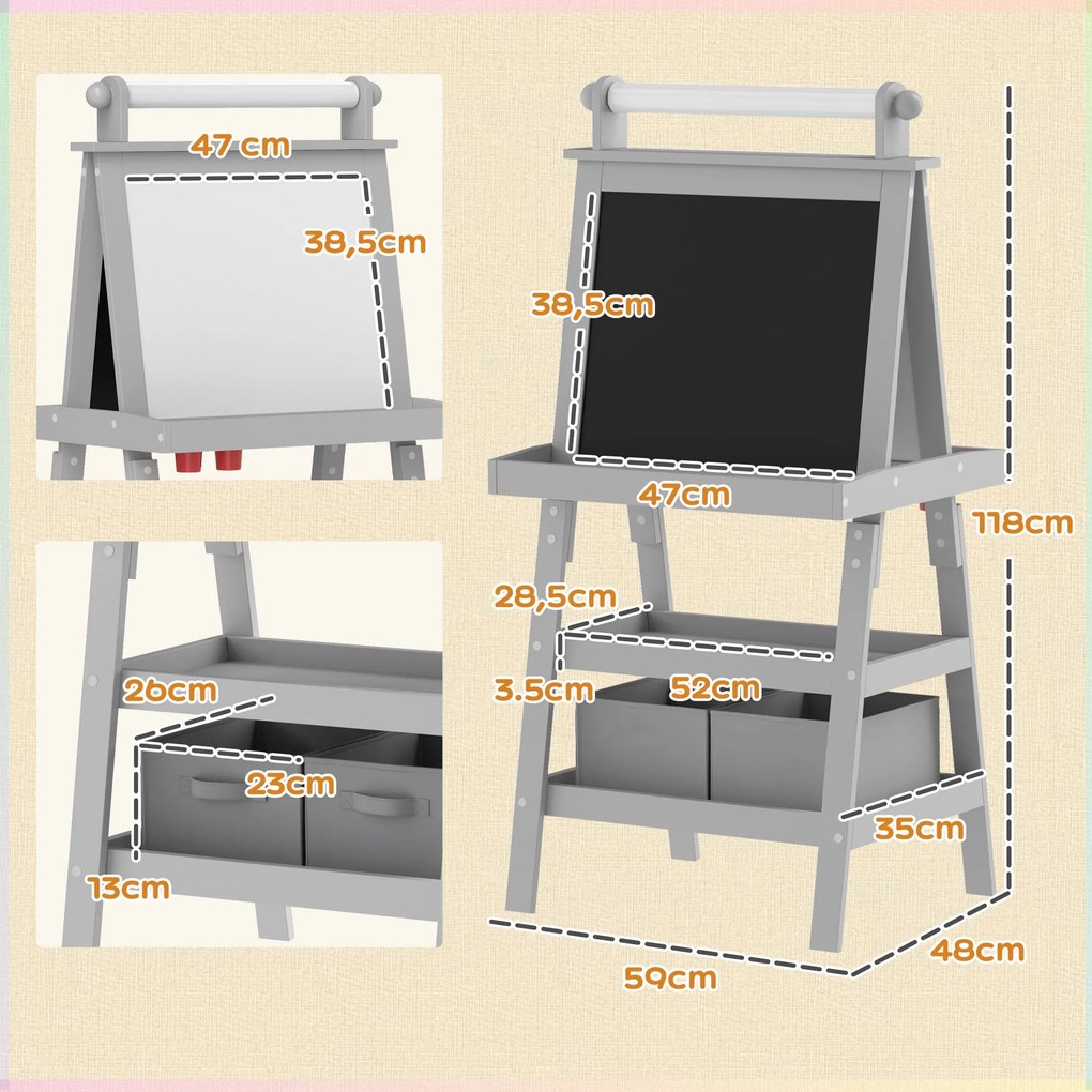 AIYAPLAY AIYPLAY Dětský malířský stojan 3 v 1 - Magnetická oboustranná dětská tabule s papírovým válečkem a úložnými košíky 59x48x118 cm Šedá