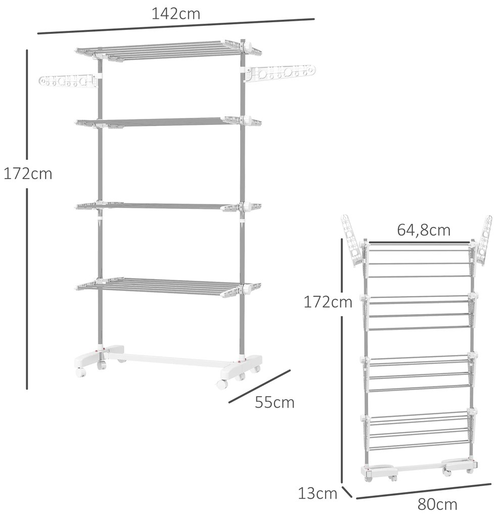 HOMCOM Pojízdný oděvní kůň HOMCOM, 142 x 55 x 172 cm, skládací (4 úrovně), s kolečky, aretace, boční křídla, ABS, bílá | Aosom