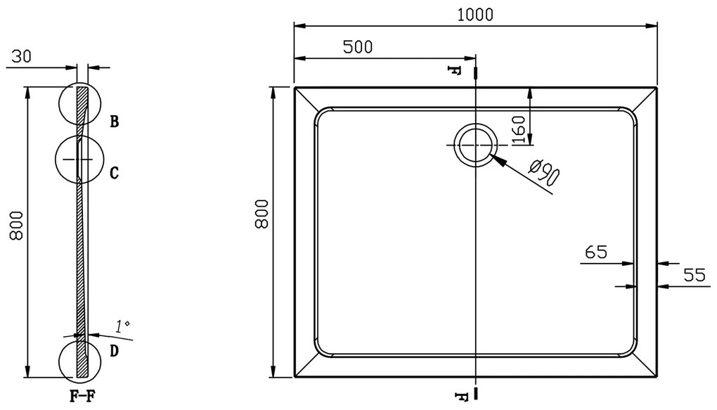 Aqualine, TECMI sprchová vanička z litého mramoru 100x80x3 cm, PQ10080