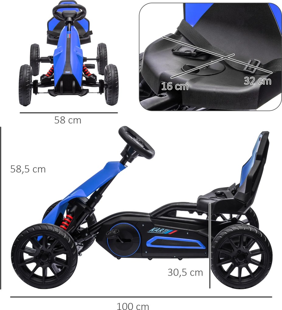 HOMCOM Motokára, dětské vozidlo s nastavitelným sedadlem, šlapací vozidlo, šlapací auto s ruční brzdou, čtyřkolka pro děti od 3 do 8 let, modrá | Aos…