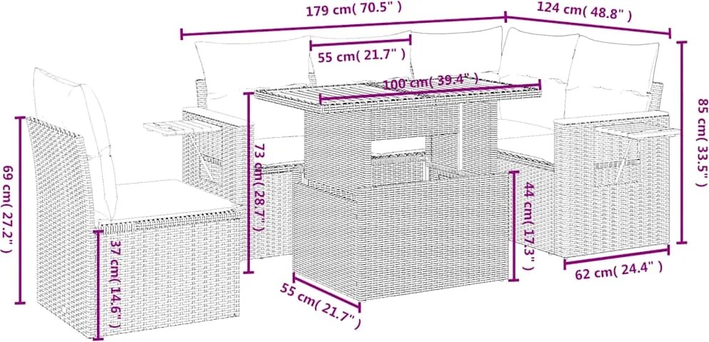 6dílná zahradní sedací souprava s poduškami černá polyratan 3273519