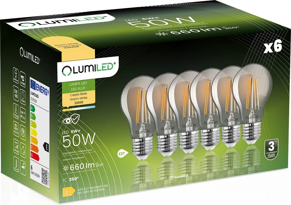 6x Led žárovka E27 A60 6W 50W 660lm 2200K Teplá 360° Kouřová Filamentová