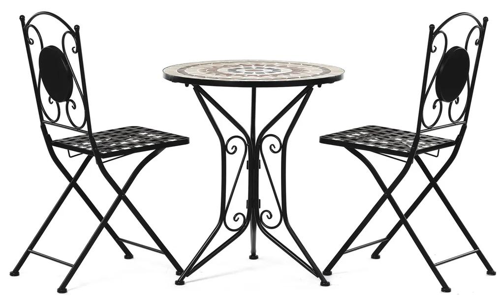 Zahradní set, stůl + 2 židle, s keramickou mozaikou, kovová konstrukce, černý matný lak.