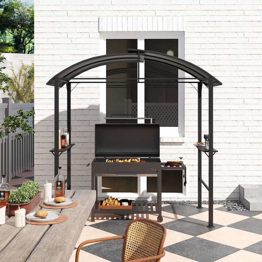 Outsunny BBQ Pavilon 233 x 110 x 235 cm Větruvzdorný Zahradní Pavilon s Dvojitou Střechou, Policemi, Zahradní Pavilon s UV Ochrannou, BBQ Pavilon z O…