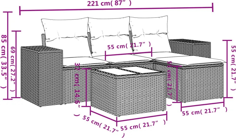 5dílná zahradní sedací souprava s poduškami hnědá polyratan 3254820