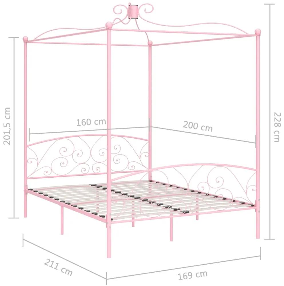 vidaXL Rám postele s nebesy růžový kovový 160 x 200 cm