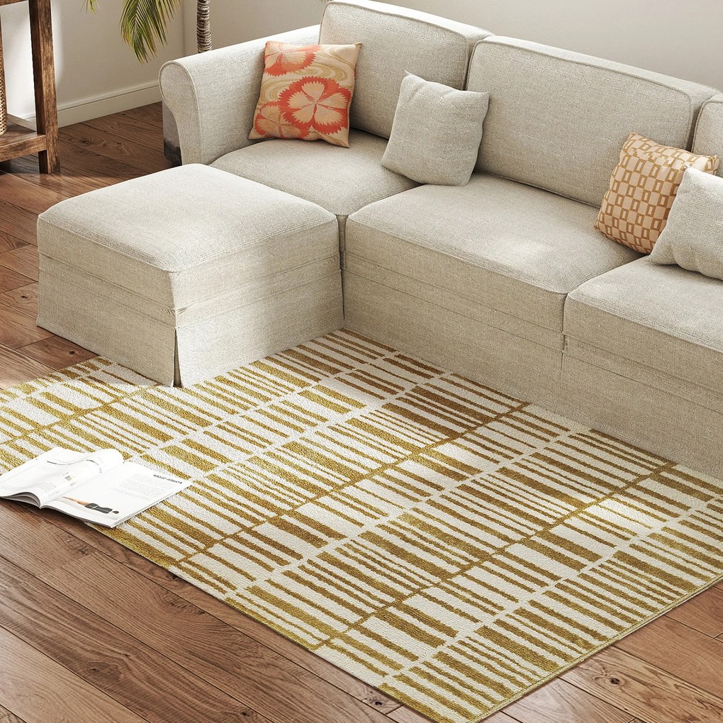 HOMCOM Koberce do obýváku 170x120 cm Pratelný koberec s krátkým vláknem a pruhovanými prvky pro obývací pokoj, ložnici a jídelnu Krémový | Aosom