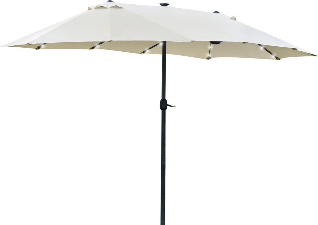 Sluneční slunečník Outsunny s LED dvojitým slunečníkem 440 x 256 cm Zahradní slunečník Velký slunečník s ručním kličkou Oválný kovový krémově bílý | A